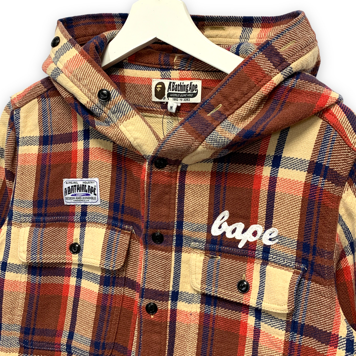 [M] A Bathing Ape Bape Plaid Full Button Hooded Hoodie Flannel Shirt ...